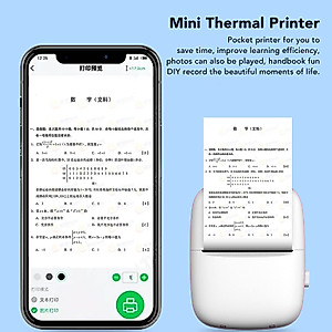 ANGGREK Photo Printer, Mini Thermal Printer Thermal Printing 200 Dpi Resolution Blue 1000 MAh Capacity USB Charging with Printing Paper for School