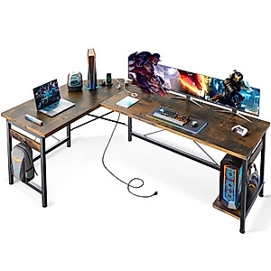 Coleshome 66" L Shaped Gaming Desk with Outlet, L Shaped Desk with CPU Stand, Corner Computer Desk, Home Office Desk, Writing Desk, Vintage
