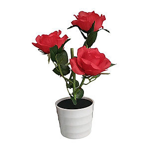 Penfly LED Solar Power Decorative Artificial Rose Flower Pot Plant Landscape Light Night Lamp Outdoor Garden Yard Pathway Lawn Grassland Red