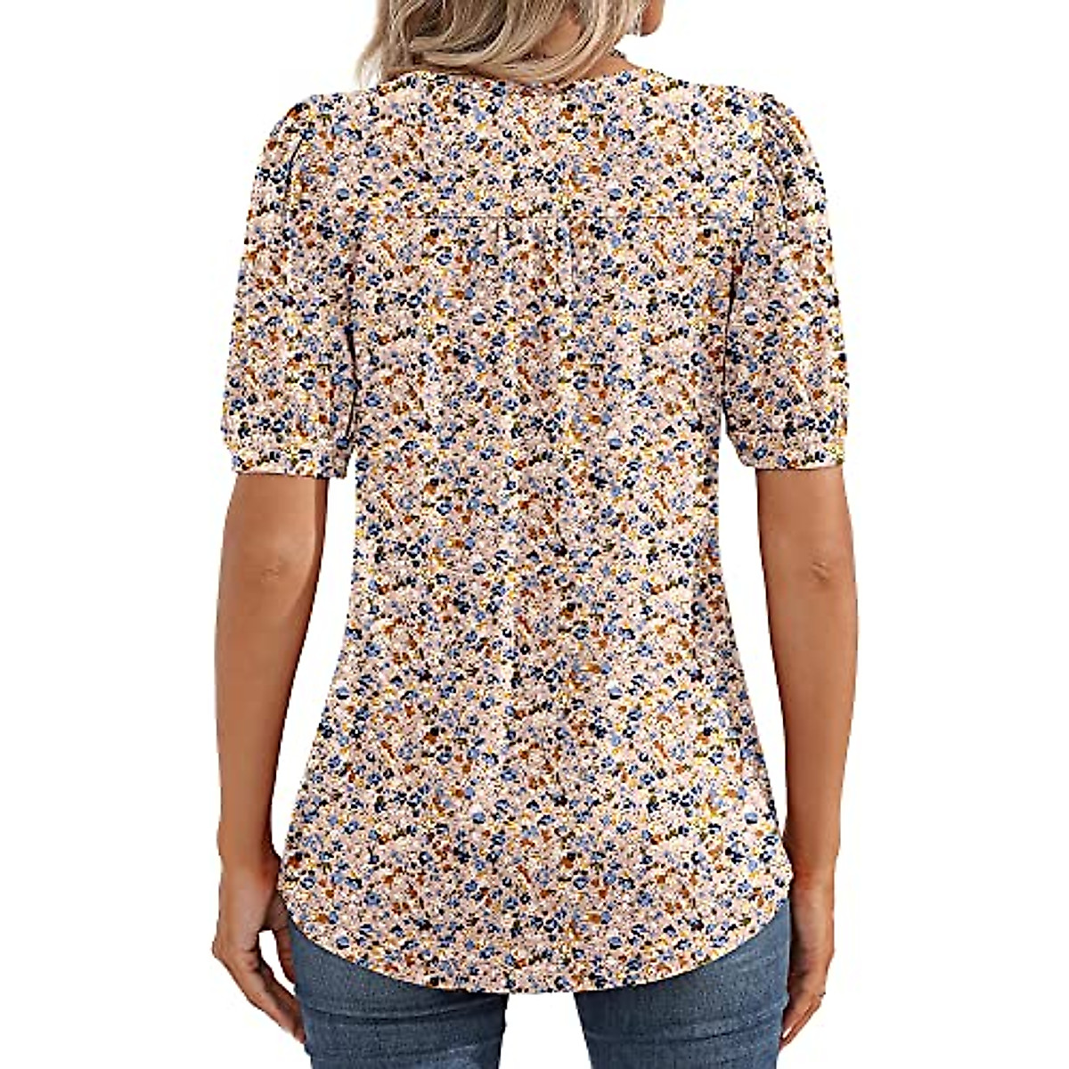 Ficerd Women's Puff Short Sleeve Tunic Tops Pleated Crew Neck Blouses Dressy Casual Loose Spring and Summer T-Shirts (Pink Flower, Medium)