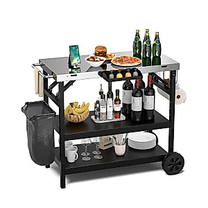 ERGOMASTER Grill Cart Table, Outdoor Kitchen Island, Food Prep Table with Adjustable Shelf, Stainless Steel Table Top, Cooking Table for Outside BBQ