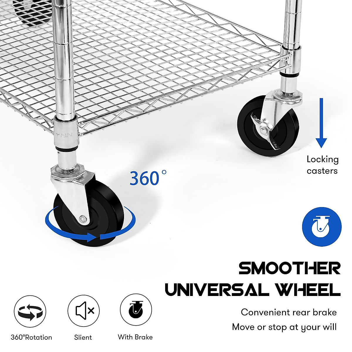 YNN Metal Utility Rolling Cart, 990lbs Capacity 3 Tier Heavy Duty NSF Rolling Chrome Trolley Cart with Wheels & Wire Shelving & Handle Bar-Storage Carts on Wheels for Kitchen, Office, Outdoor,Serving