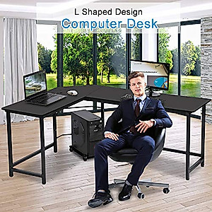 L Shaped Desk Home Office Desk Corner Computer Desk, Metal and Wood PC Laptop Table Gaming Desk with Solid Steel Frame & CPU Stand Shelf, Large 3-Piece Writing Study Workstation, Black