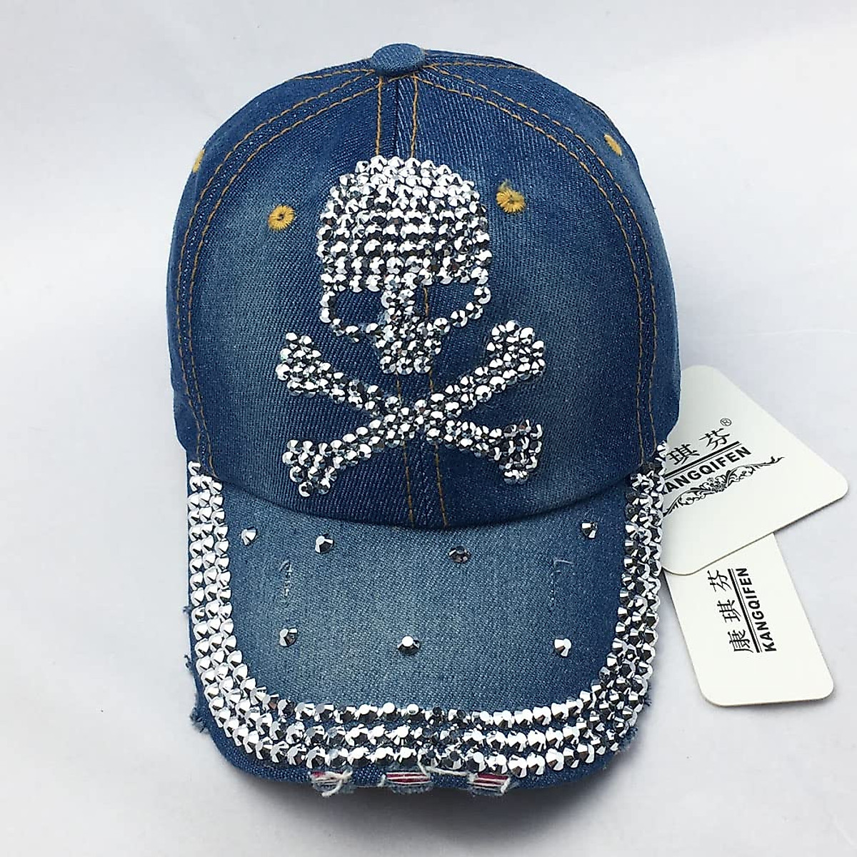 Kangqifen Women Rhinestone Pattern Distressed Denim Baseball Cap Sparkle Bling Hat Adjustable (Skull-03)