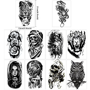 Hotoyannia 82 Sheets Large-Size Black Temporary Tattoos Stickers, Includes 10 Large-Size Fake Tattoos That Look Real and Last Long, Halloween Tattoos Include Wolf Lion Tiger Skeleton Skull Tattoos