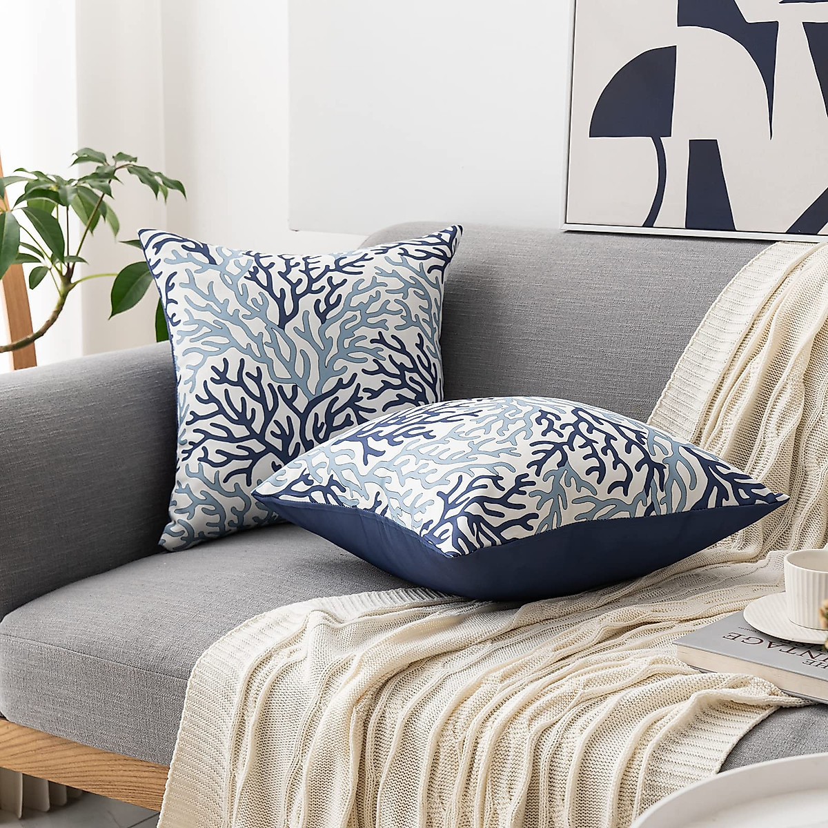 Tritard Nautical Coastal Throw Pillow Covers Set of 2 Decorative Outdoor Pillow Covers Waterproof Fabric Ocean Themed Beach Coral Print Pillowcases for Bedroom Living Room Patio Couch, 18" x 18", Blue