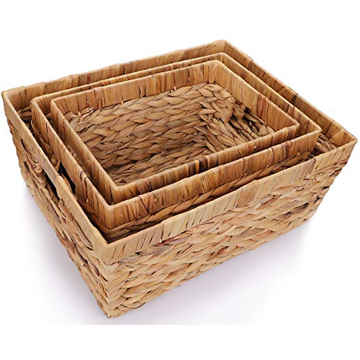 Yesland 3 Pack Water Hyacinth Storage Baskets, Natural Multisize Rectangular Storage Bins with Handle, Hand-Woven Organizer Container Bins with Iron Wire Frame for Bedroom, Living room