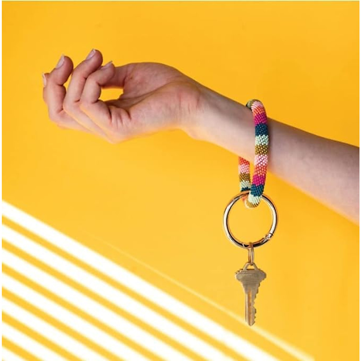 INK + ALLOY Women's Chloe Beaded Key Ring and Bracelet Handmade Jewelry for the Modern Bohemian (Pink Citron Peacock Stripes)