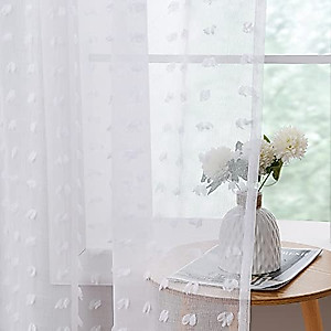 Guken Grommet Pom Pom Sheer Curtains 84 Inch Length 2 Panels Set for Living Dining Room White Textured Curtain for Bedroom Floor Length Semi Sheer Voile Boho Farmhouse Curtain Panels 52x84 Inches Long