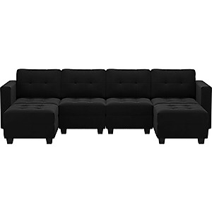 Belffin Modern U Shaped Modular Sectional Sofa with Storage Seats, 6 Seats Sleeper Couch with Reversible Chaise, Modular Oversized Sectional with Ottomans, Black