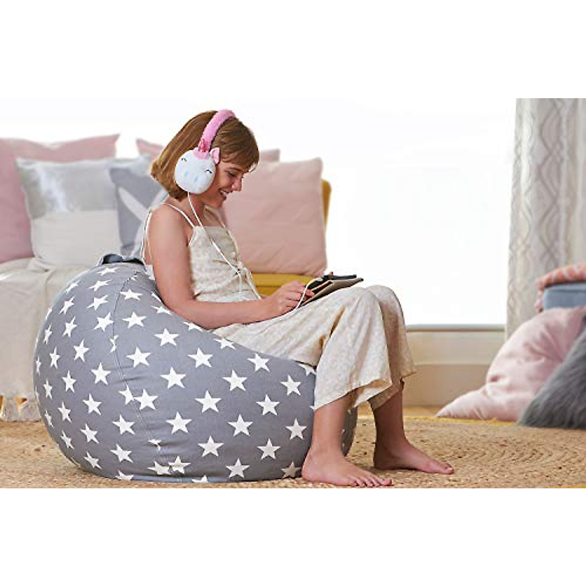 Aubliss Stuffed Animal Bean Bag Storage Chair, Beanbag Covers Only for Organizing Plush Toys, Turns into Bean Bag Seat for Kids When Filled, Large 38"-Canvas Stars Grey