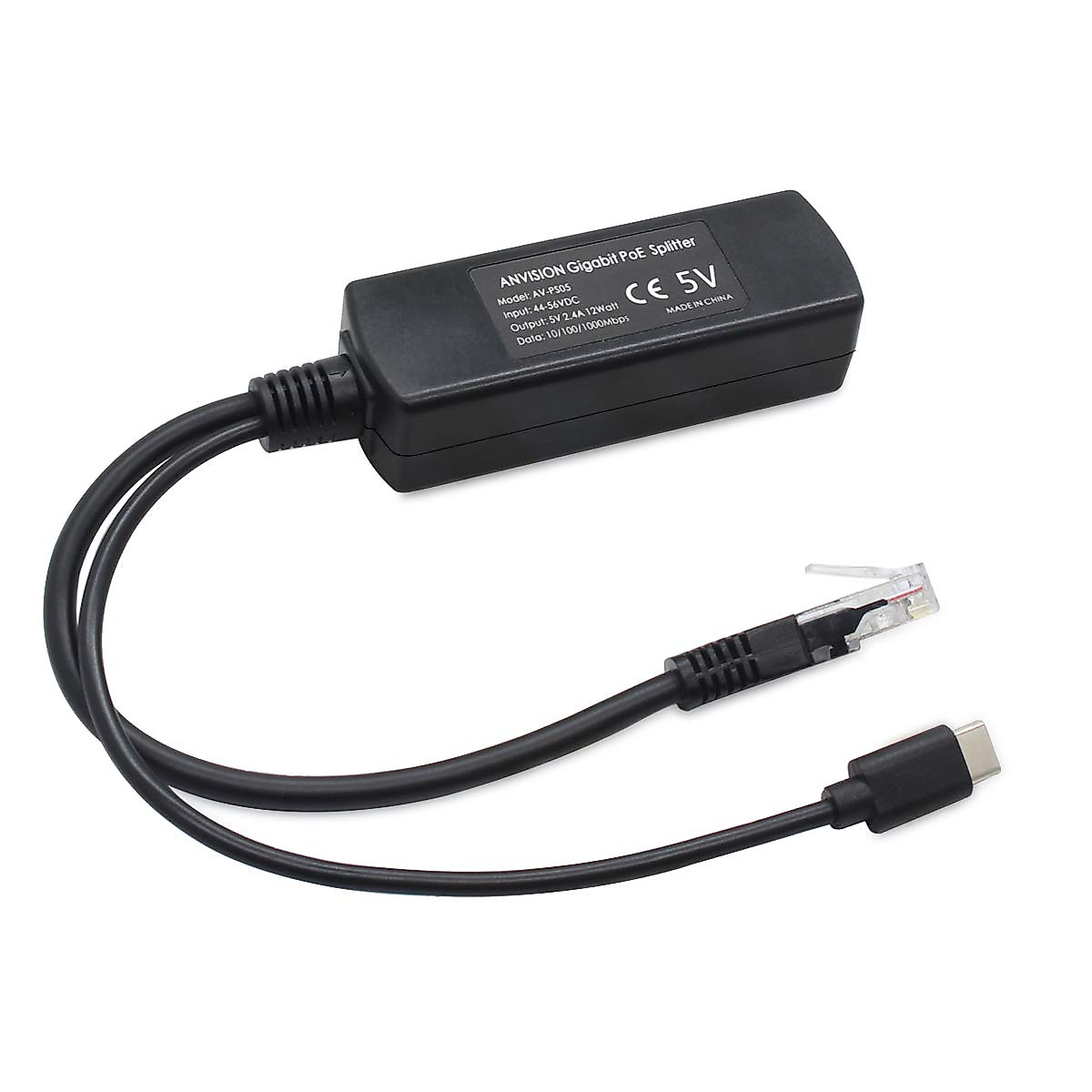 ANVISION 2-Pack 5V Gigabit PoE Splitter, USB Type C, 48V to 5V 2.4A Adaper, IEEE 802.3af Compliant