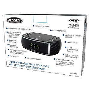 Jensen Modern Home CD Tabletop Stereo Clock Digital AM/FM Radio CD Player Dual Alarm Clock Stereo CD Top-Loading Disc Player | USB Charging Port DV 5V 800mA | Headphone Jack | 0.9 Display Green LED