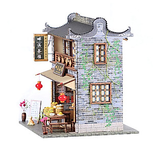 WYD DIY Chinese DIY Doll House Ancient Architecture Handmade Mini Wooden House Miniature Dollhouse Furniture Set Children Toys New Year Birthday Wedding Gift (Panxi Tea House)