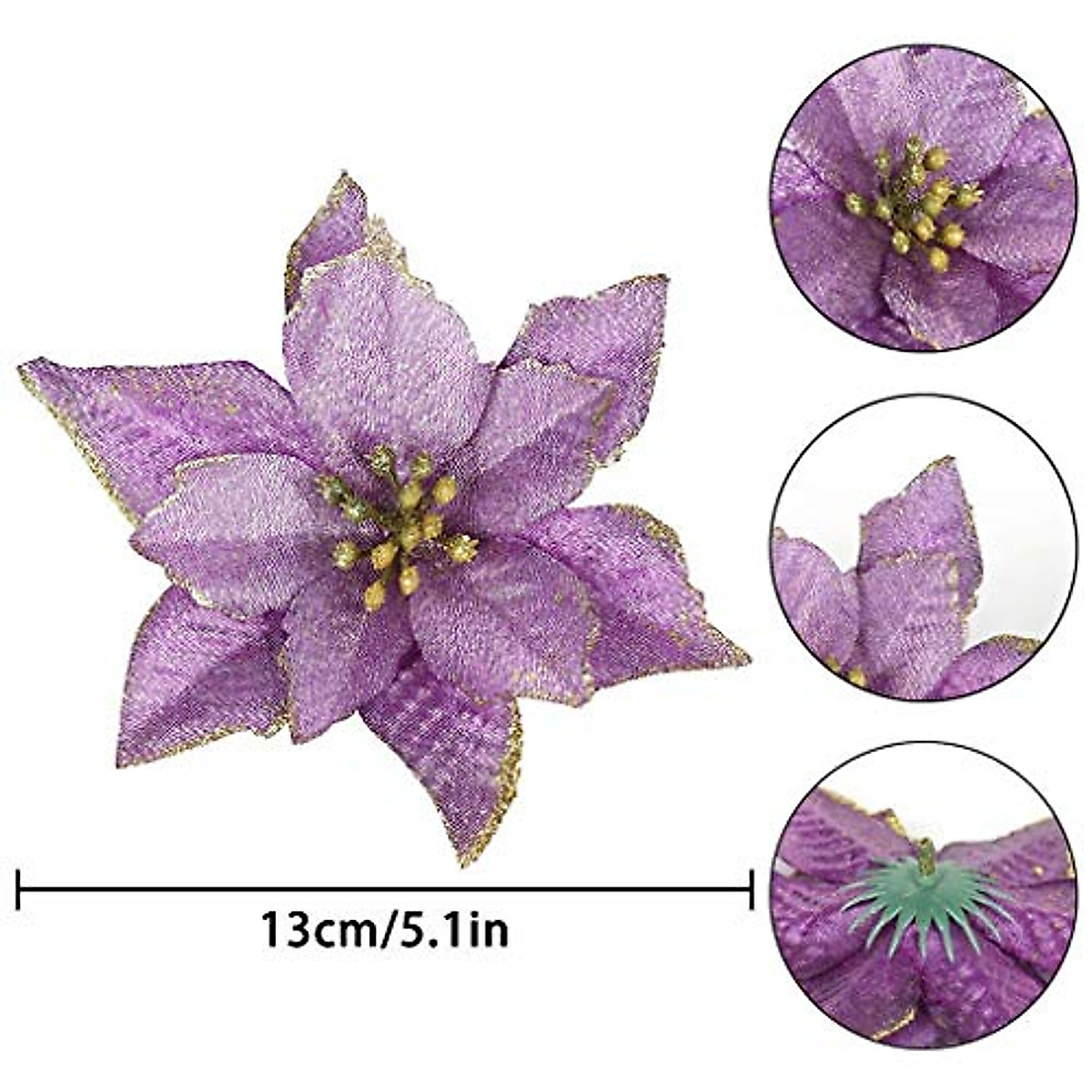 Christmas Glitter Flower Ornaments,Jchen 20Pcs Glitter Christmas Tree Ornaments Artificial Christmas Flowers Christmas Tree Decoration Flower for Home Party Wedding Decorations (Purple)