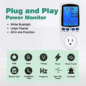 Power Meter Plug, Power Consumption Monitor Electricity Usage Monitor Analyzer Home Energy Consumption Analyzer with Digital LCD Display, Overload and 7 Display Modes for Energy