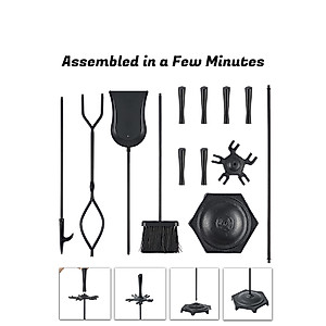 Lichamp Fireplace Tools Set, 5-Pieces Indoor Outdoor Sturdy Fire Place Poker Sets with Modern Handle, FTS15BK