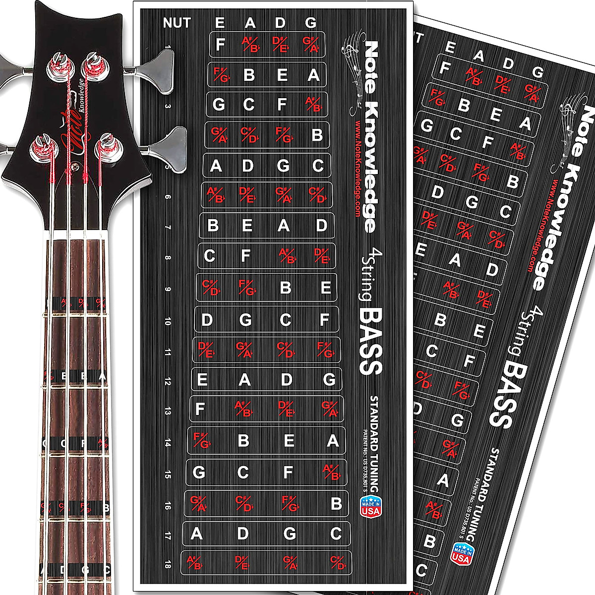 Bass Guitar Fretboard Note Map Decals/Stickers 2-Pack for Learning and Practicing Notes on Bass Guitar