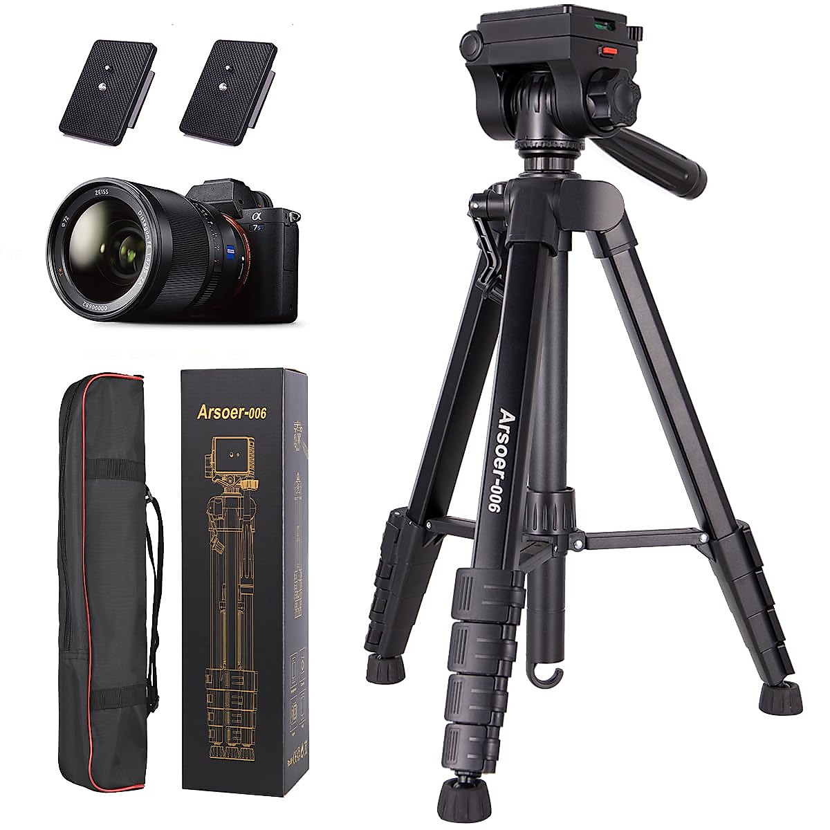 Camera Tripod, 74" DSLR Camera Tripod with 2 QR Plates for Sony/Nikon/Canon, Lightweight Video Tripod Stand for Travelling, Phone Tripod with Fluid Head/Phone Holder/Wireless Remote Max.Load 6kg 175