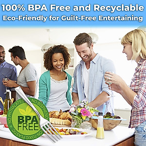 Super Elegant, BPA Free 50ct Plastic Tasting Forks. Mini Cocktail or Sampling Fork Set for Appetizers, Shrimp and Seafood. Durable, Recyclable 4 Tine Utensil with Stainless Steel Look (50 pack)