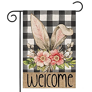 Welcome Easter Garden Flag for Outdoor 12x18 Double Sided,Buffalo Plaid Bunny Ears with Flowers Small Yard Flag,Seasonal Decors for Spring Outside Farmhouse Holiday