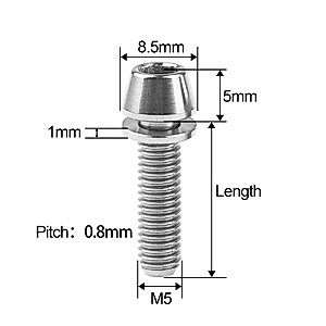 Yaruijia Titanium Bolt for MTB Bicycle Stem M5x16/18/20mm Taper Head Hex Socket Screws with Ti Washer Pack of 6 (M5x20mm, Titanium)