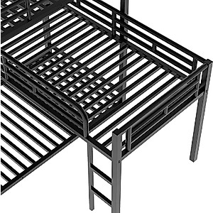 DNYN Twin Over Twin Triple Bunk Bed,L-Shaped Metal Bunkbeds with Safety Guardrails & Ladder,3 in 1 Sturdy Steel Bedframe,No Box Spring Needed & Space Saving Deisn, Black