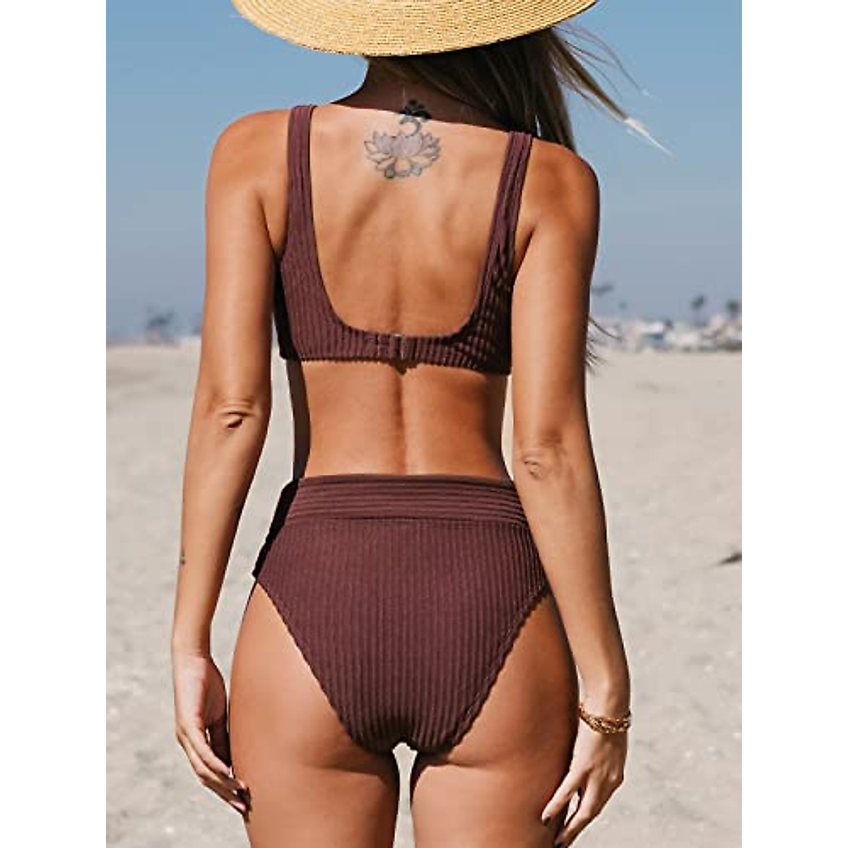 CUPSHE Bikini Set for Women Two Piece Swimsuits High Waisted Ribbed V-Wire Bralette Wide Straps Back Hook Cheeky Bottom Red Brown, S