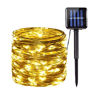 Solar String Lights, 100-LED 39ft 8-Lighting Modes Waterproof Copper Wire Solar Powered Fairy Lights for Christmas, Patio, Lawn, Garden Decorations (1 Pack, Warm White)