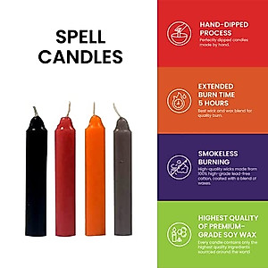 Spell Candles 48 Pack 4" Tall x 1/2" Dia, Hidden Wicks, 12 Colors 4 Mini Candles Black, White, Green, Red, Yellow, Orange, Blue. Brown, Pink, Purple, Grey, Non-Metallic Gold, Free Candle Spell Book