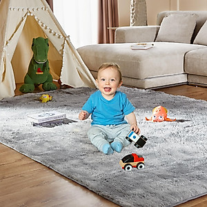 Luxury 8x10 Large Area Rugs for Living Room, Super Soft Fluffy Modern Bedroom Rug, Big Indoor Thick Soft Nursery Rug, Non-Skid Nursery Faux Fur Carpet for Kids Room Home Décor，Tie-Dyed Light Grey