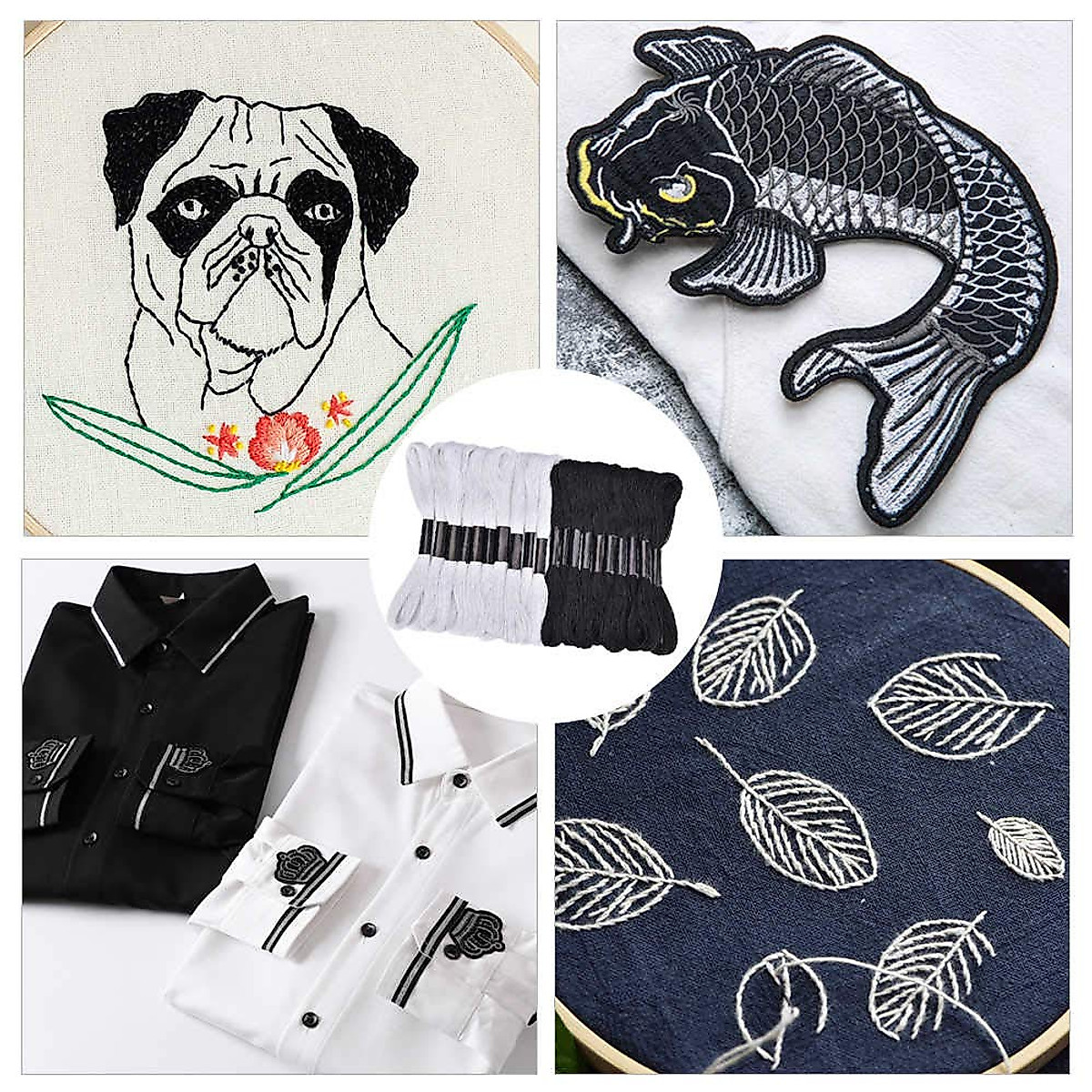 24 Skeins Cross Stitch Threads, Black and White Cotton Embroidery Floss Friendship Bracelets Floss with 12 Pieces Floss Bobbins for Knitting, Cross Stitch Project