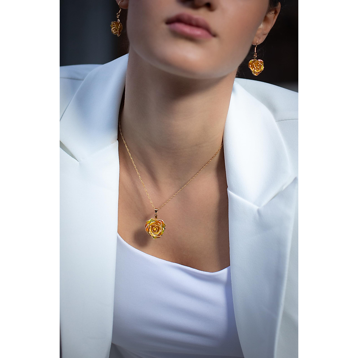 Eternal Rose 24k Gold Real Rose Flower Women's Dangle Drop Earrings (Thanksgiving Bouquet)