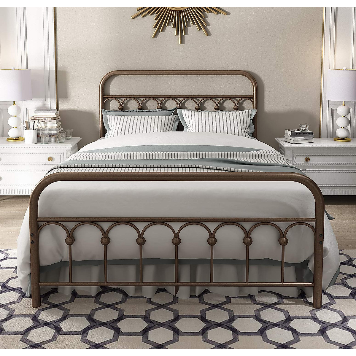 YALAXON Vintage Sturdy Full Size Metal Bed Frame with Headboard and Footboard Basic Bed Frame No Box Spring Needed，Antique Brown