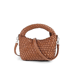 Women Woven Tote Small Crossbody Bag, Weave Quilted Purse Square Shoulder Bag Woven Handbag with Detachable Strap (Brown)