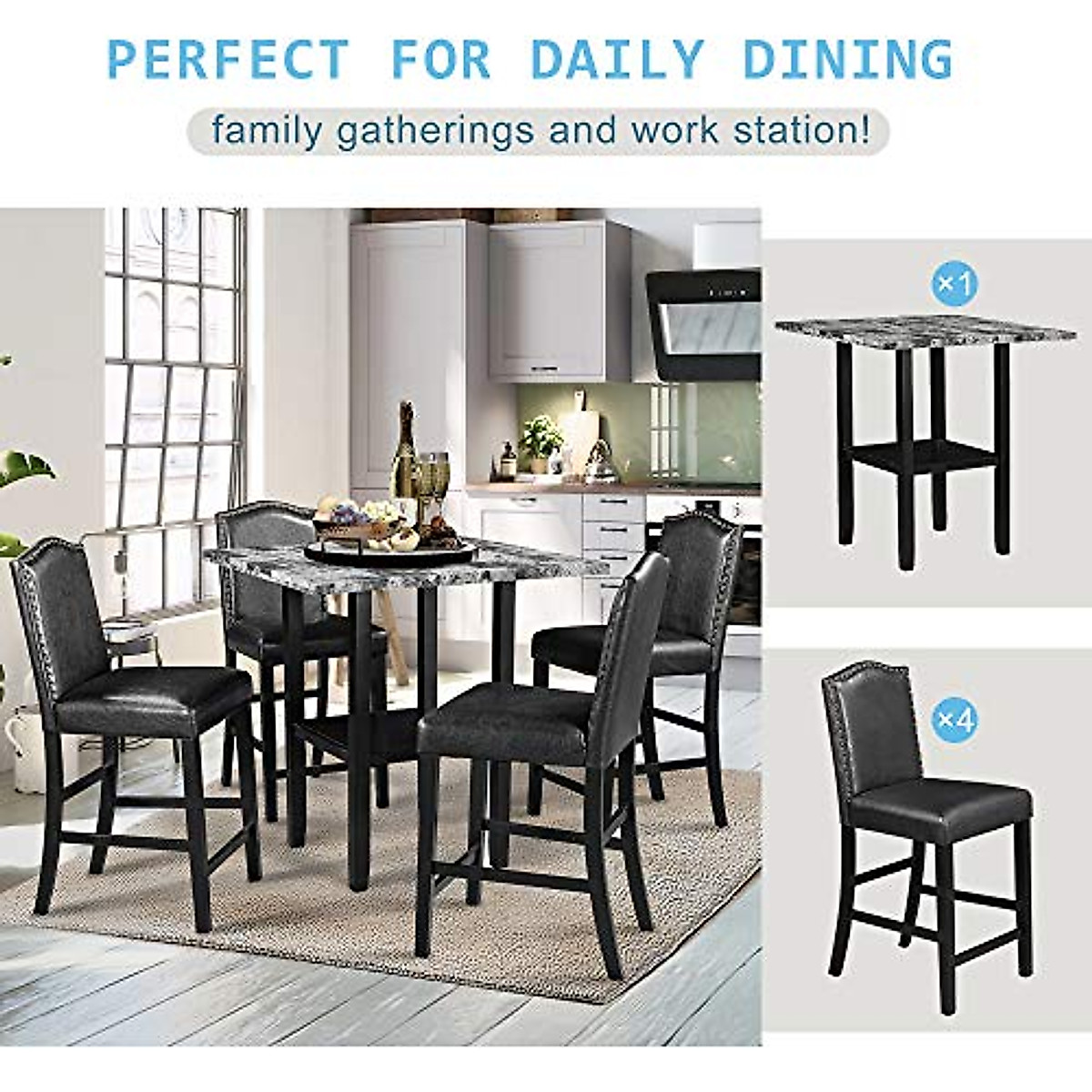 Dinehome 5-Piece Kitchen Dining Set Faux Marble Tabletop Counter Height Table with Bottom Shelf Leather Upholstered Chairs for 4 Persons, Black+Gray