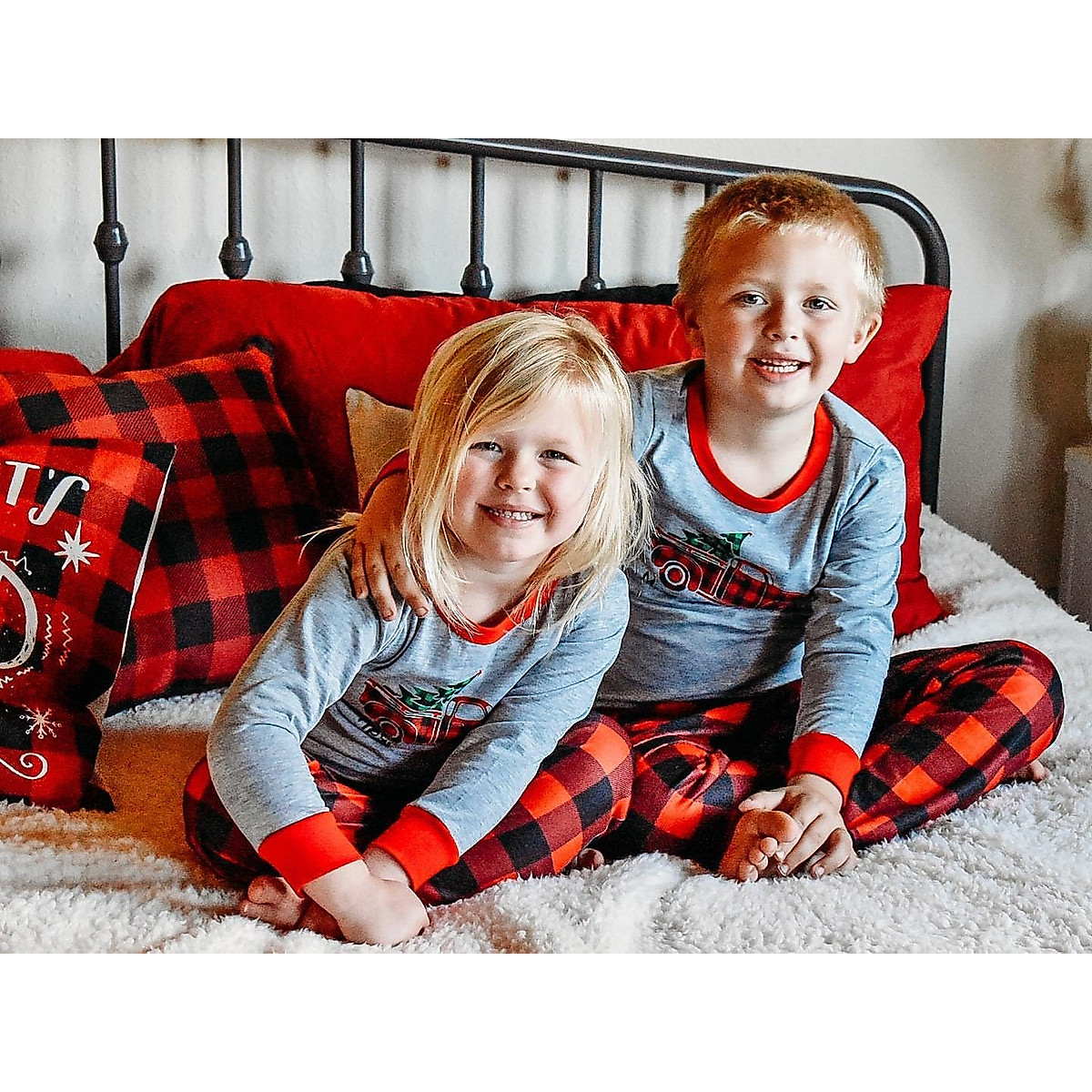 IFFEI Matching Family Pajamas Sets Christmas PJ's Sleepwear Truck Print Top and Plaid Pants with Pocket Women: L