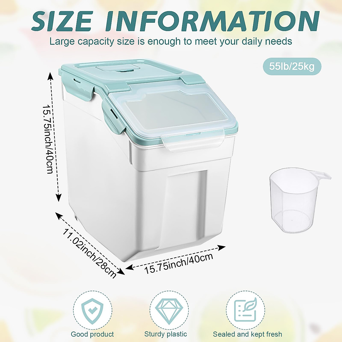 Sunnyray 4 Pcs 55 lbs Grain Rice Storage Container Blue Flour Bin with Wheels Cup Leak Proof Pet Food Storage Boxes Seal Locking Lid Plastic Rice Containers Set for Cereal Flour Cat Dog Food Kitchen