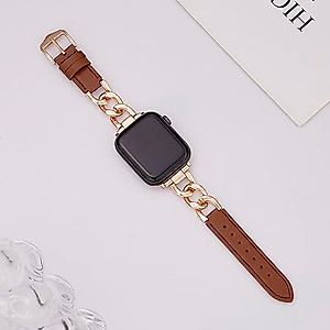 Leather Band Compatible with Apple Watch Band Women 38mm 40mm, Dressy Leather Strap with Cool Chain for iWatch Bands Series 9 8 SE 7 6 5 4 3 2 1 (38, Brown/Rose Gold)