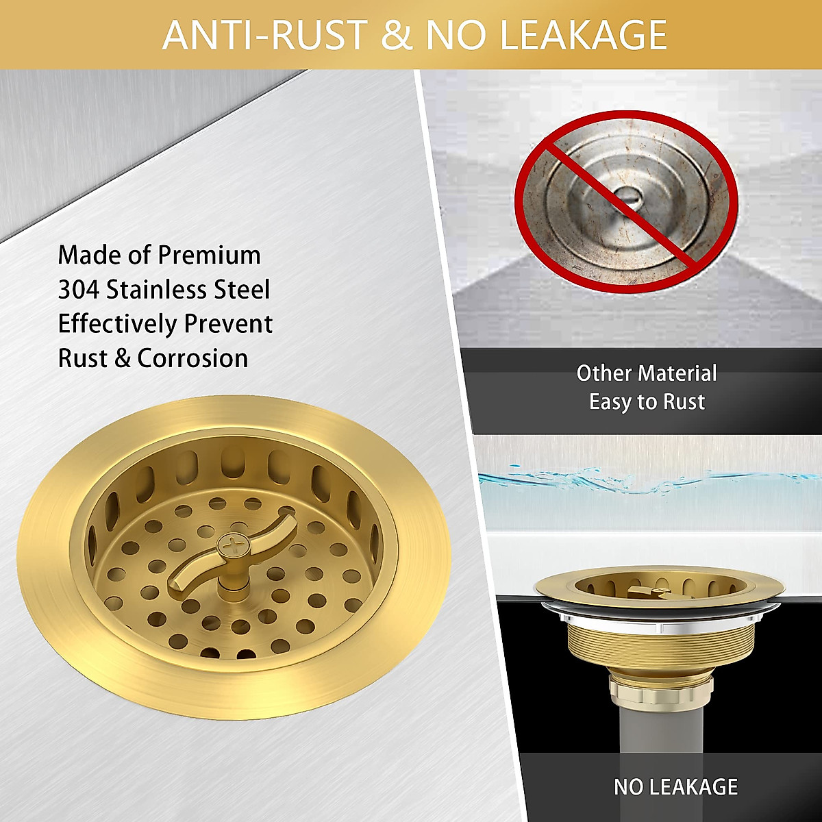 Gold Sink Drain Strainer 3-1/2 Inch Kitchen Sink Drain Assembly Kit with Stainless Steel Strainer Basket and Drain Stopper for Standard Kitchen Sink Brushed Gold