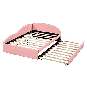 Acosure Full Size PU Upholstered Tufted Daybed with Twin Size Trundle and Cloud Shaped Guardrail,No Box Spring Required,Sofa Bed Frame for Kids Boys Girls Bedroom,Living Room,Pink