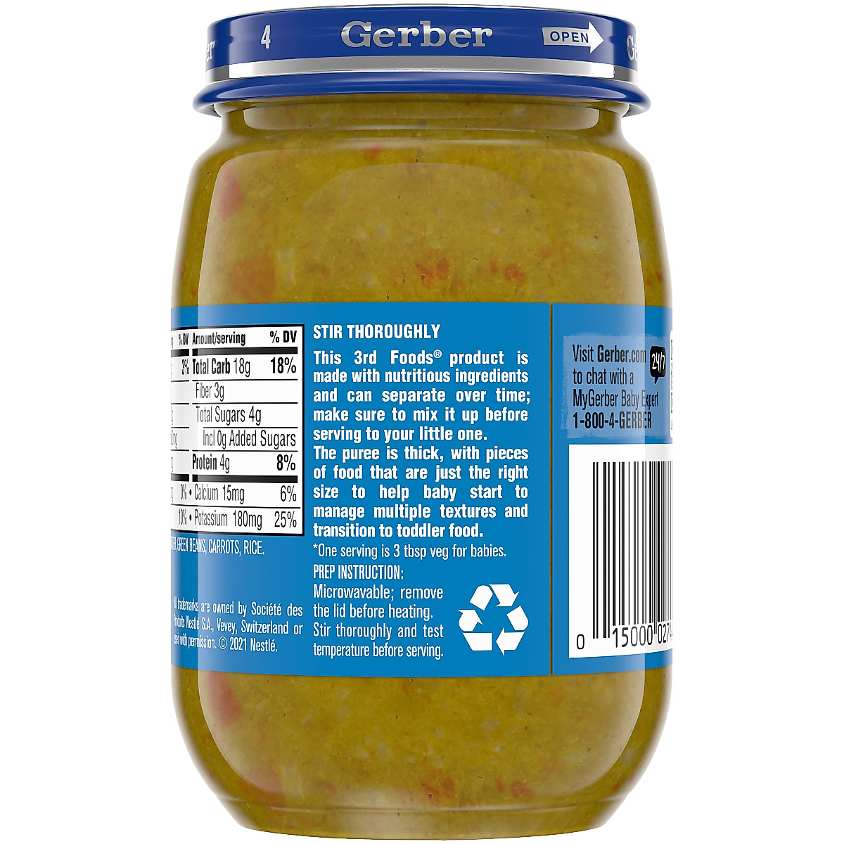 Gerber Natural for Baby 3rd Foods Veggie Power Baby Food Jar, Garden Veggies & Rice, Non GMO Pureed Baby Food with Advanced Texture for Crawlers, 6 oz (Pack of 12)