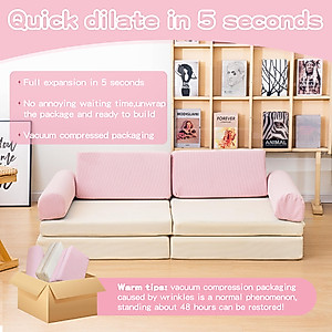 Stmoze Nugget Couch, Modular Kids Play Couch, Kids Couch for Playroom, Kids Sofa Couch, 5 Seconds Instant Expansion, Corduroy Fabric, Pink and Beige