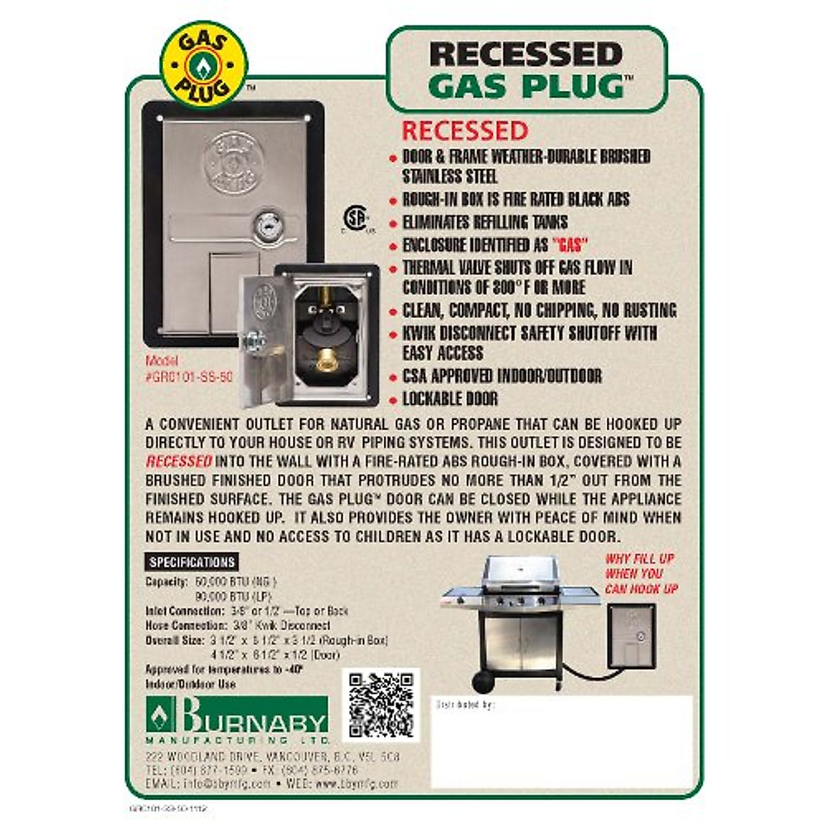 Burnaby Manufacturing RECESSED GAS PLUG, 1/2'' NPT INLET, 3/8'' QUICK DISCONNECT OUTLET, MALE PLUG INCLUDED, STAINLESS STEEL LOCKABLE DOOR (GRO101-SS-50)