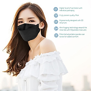 SOOQOO KF94 Face Mask, 50 Pcs, Elastic Ear Loop and Nose Clip, 3D Fish Type Mouth Shield, 4 Layer Protection, Individually Wrapped Disposable Mask for Adult, Black