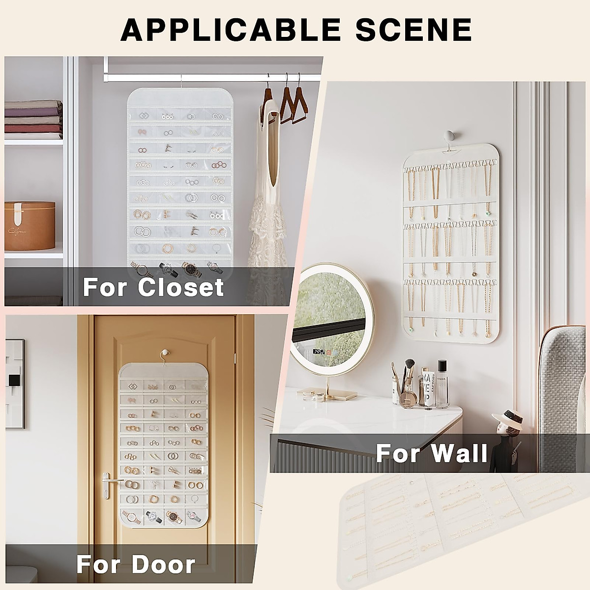 DonYeco Hanging Jewelry Organizer Storage, 40 Pockets 36 Hooks Necklace Earring Necklace Bracelet Ring Organizer, Double - Sided Design, White