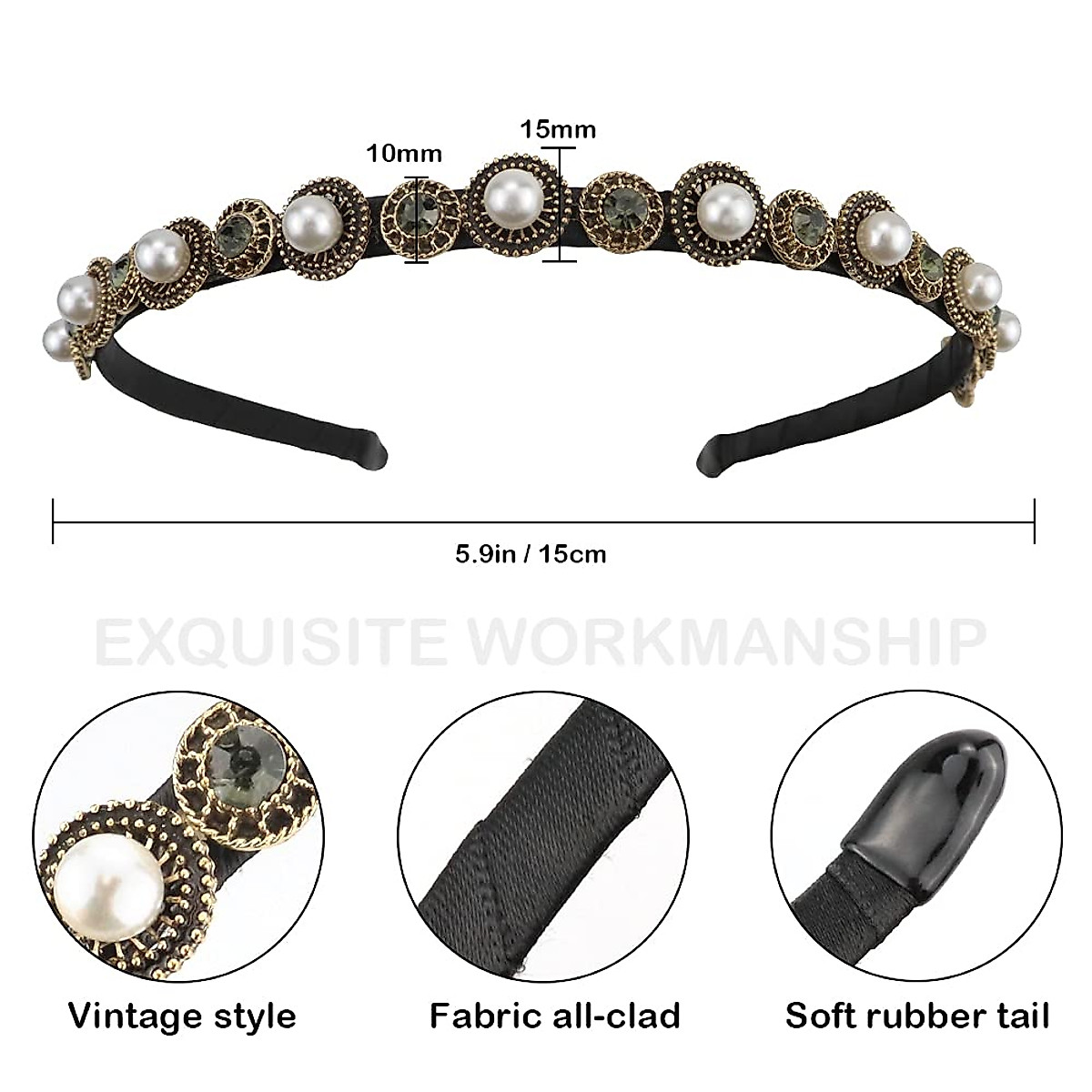 NAIHOD 3 Pcs Pearls Rhinestones Thin Headbands for Women Girls Luxury Vintage Hair Bands for Women's Hair with Cloth Wrapped Metal Hair Hoop Baroque Headpiece Elastic Head Bands