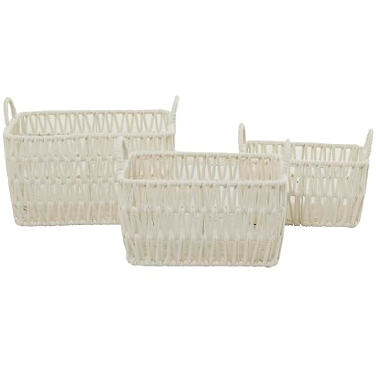CosmoLiving by Cosmopolitan Cotton Fabric Handmade Storage Basket with Handles, Set of 3 11", 10", 9"H, White