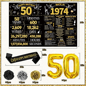 50th Birthday Decorations for Men Women, 18Pcs Include Back in 1974 Banner Decorations, Black Gold 50 Year Old Birthday Backdrop, 1974 Birthday Card, Hanging Swirl, Balloon, Paper Poms,Sash