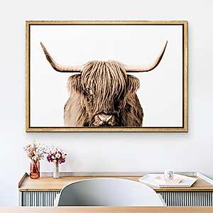 SIGNLEADER Framed Canvas Print Wall Art Brown Full-Frame Closeup of Highland Cow Animals Wilderness Photography Realism Portrait Relax/Calm Duotone for Living Room, Bedroom, Office - 24"x36" NATURAL